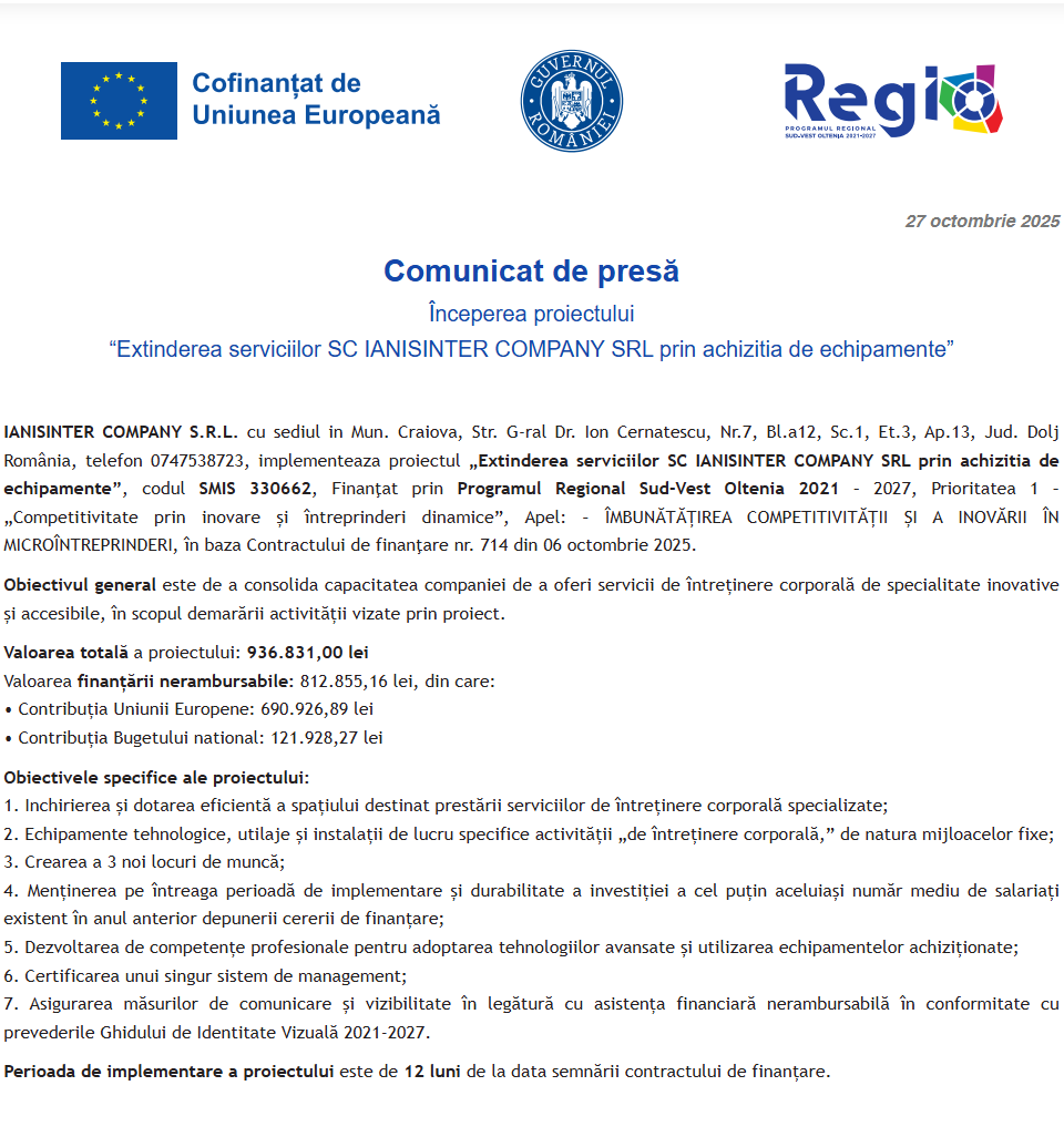 Comunicat de presă privind începerea derulării proiectului “Extinderea ...
